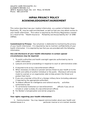 hipaa privacy policy acknowledgement/agreement Doc Template | pdfFiller
