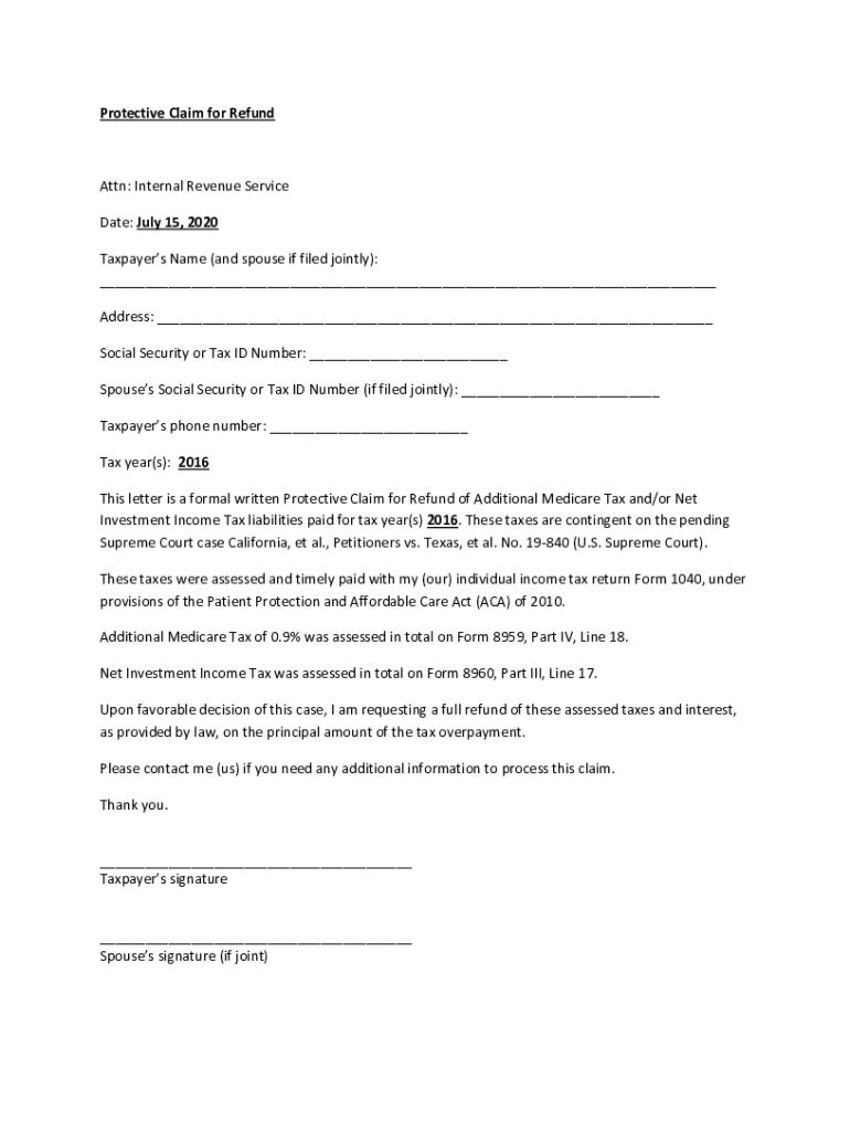 Fillable Online Protective Claim Refund Template Fax Email Print ...