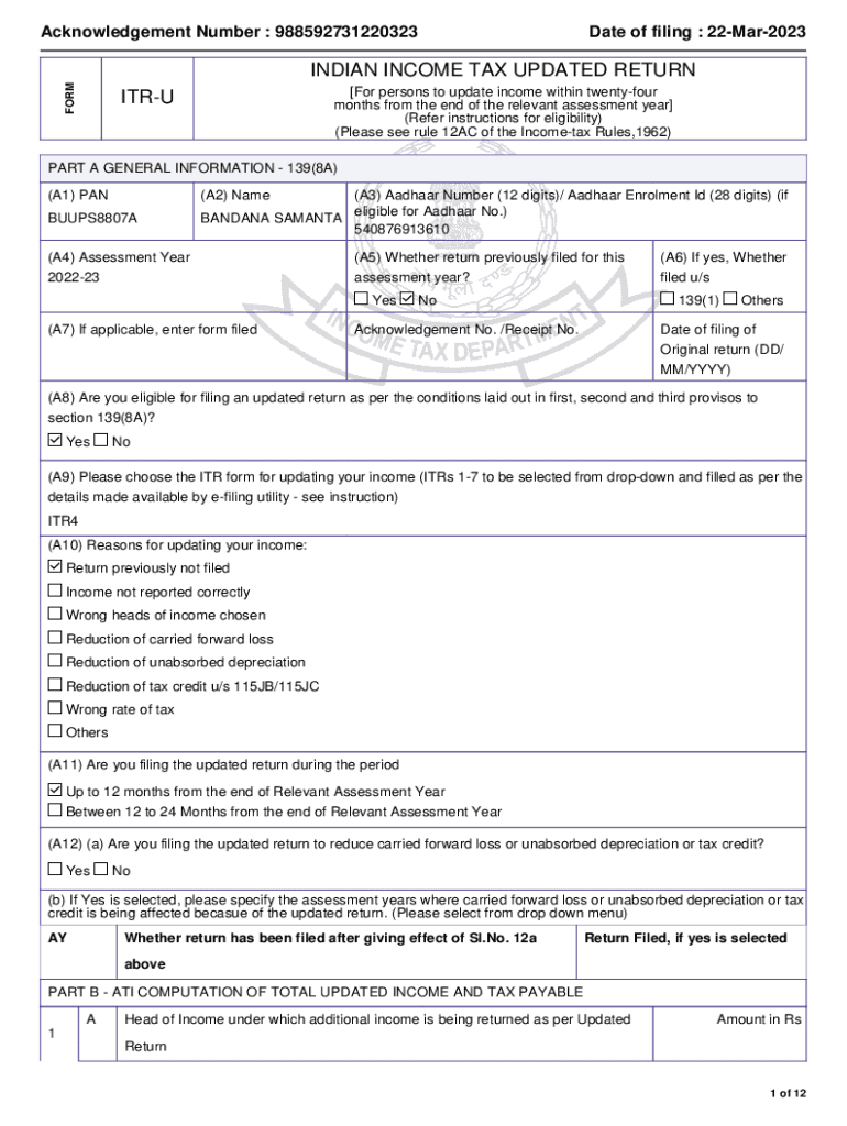Fillable Online 'FORM ITR-U INDIAN INCOME TAX UPDATED RETURN... Fax ...