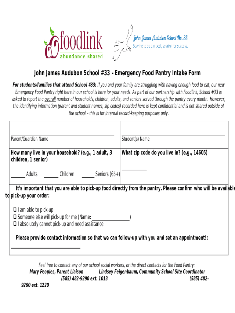 Emergency Food Pantry Intake Doc Template | pdfFiller