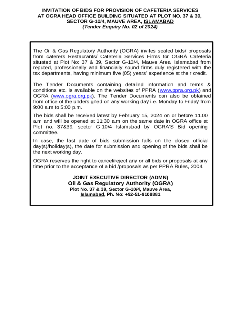 tender notice for award of contact of cafeteria Doc Template | pdfFiller