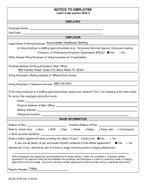 Fillable Online Wage and Employment Notice to Employees (Labor Code ...