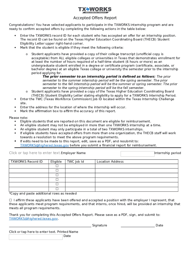 TXWORKS Internship Program Eligibility Doc Template | pdfFiller
