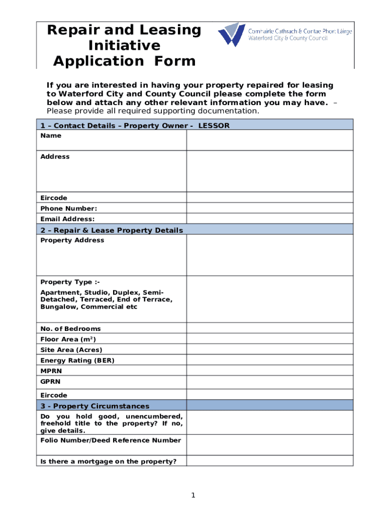Repair and Leasing Initiative Application Doc Template | pdfFiller