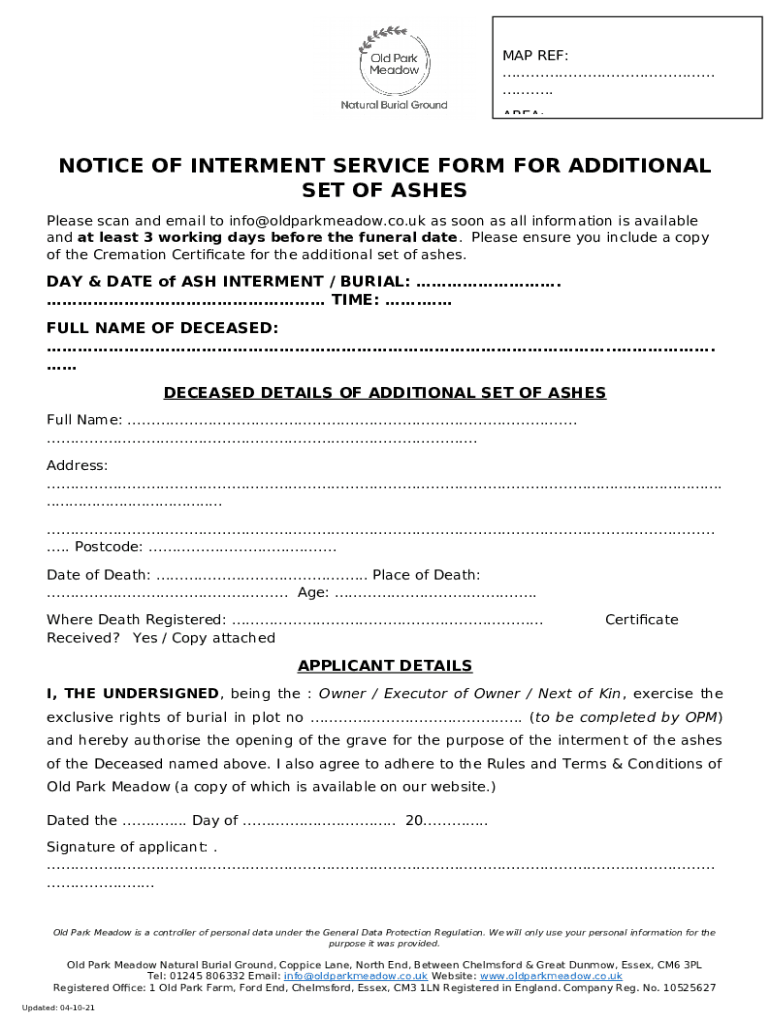 Notice of Interment Service Additional Ashes. Doc Template | pdfFiller