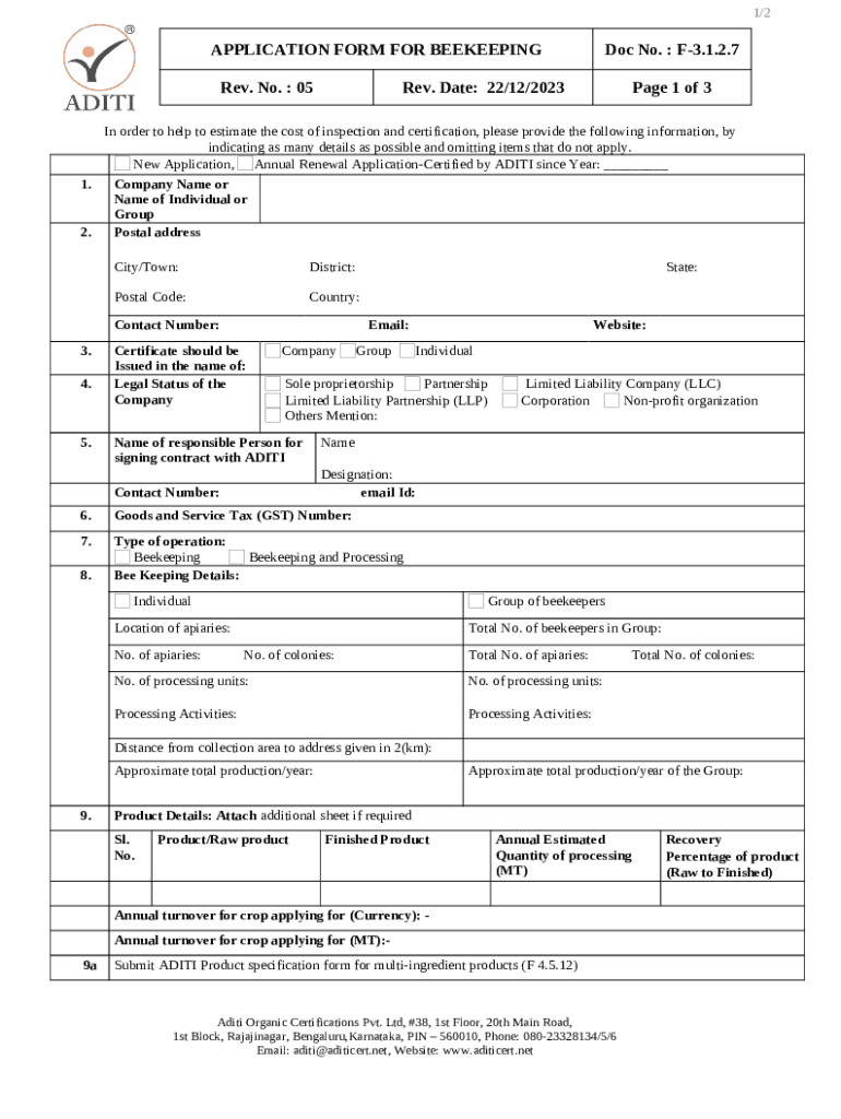 APPLICATION FOR BEEKEEPING Doc No. Doc Template | pdfFiller