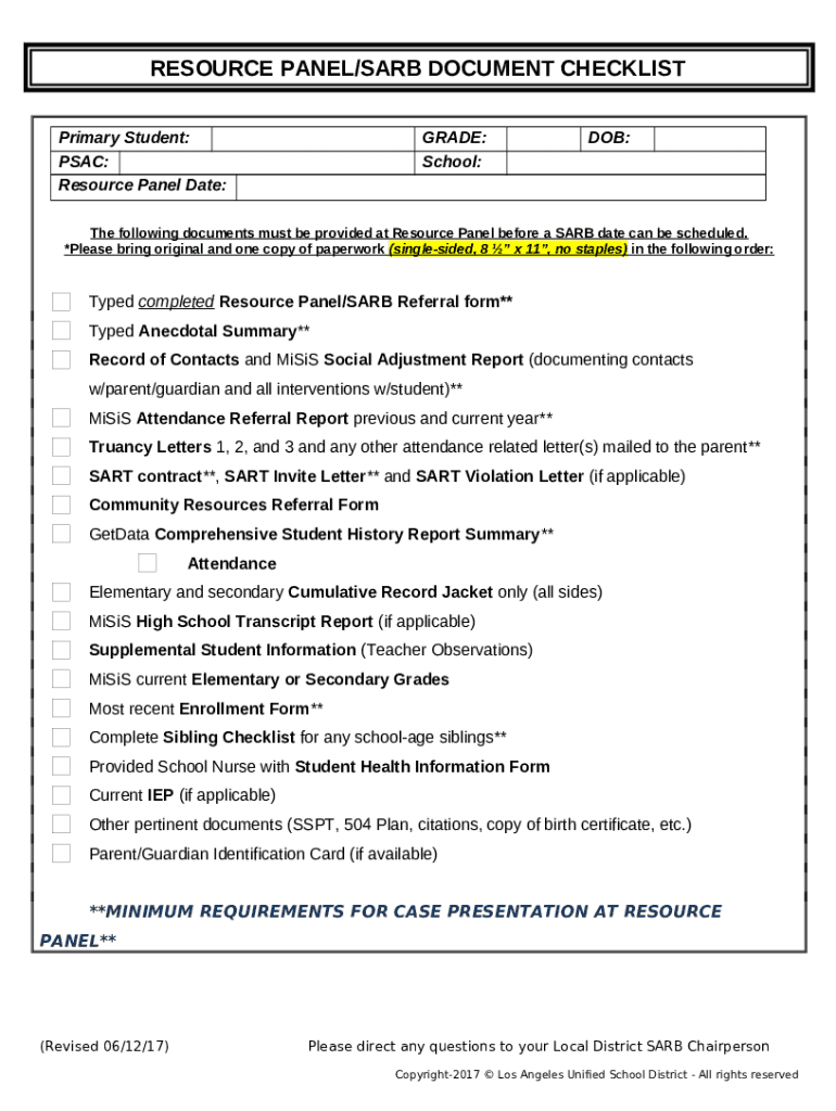 The following documents must be provided at Resource Panel before a ...