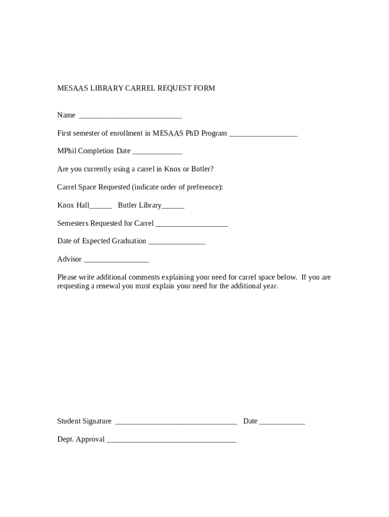 MEALAC LIBRARY CARREL REQUEST Doc Template | pdfFiller