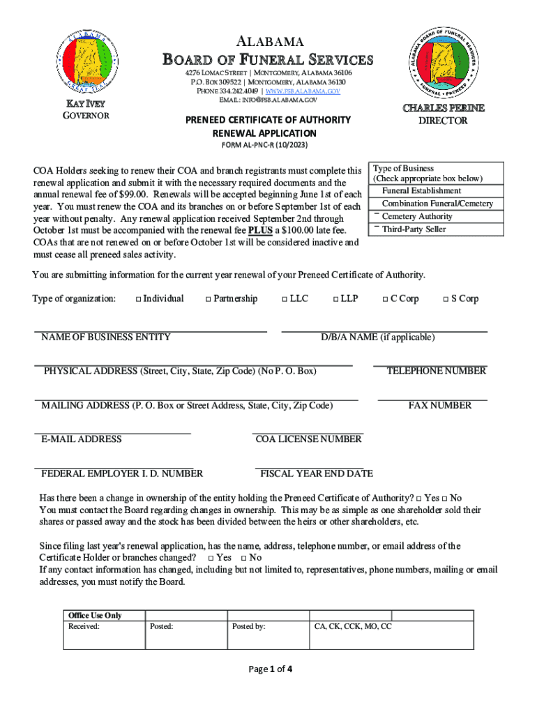Fillable Online fsb alabama Renewal of Certificate of AuthorityAlabama Board of Funeral ... Fax ...