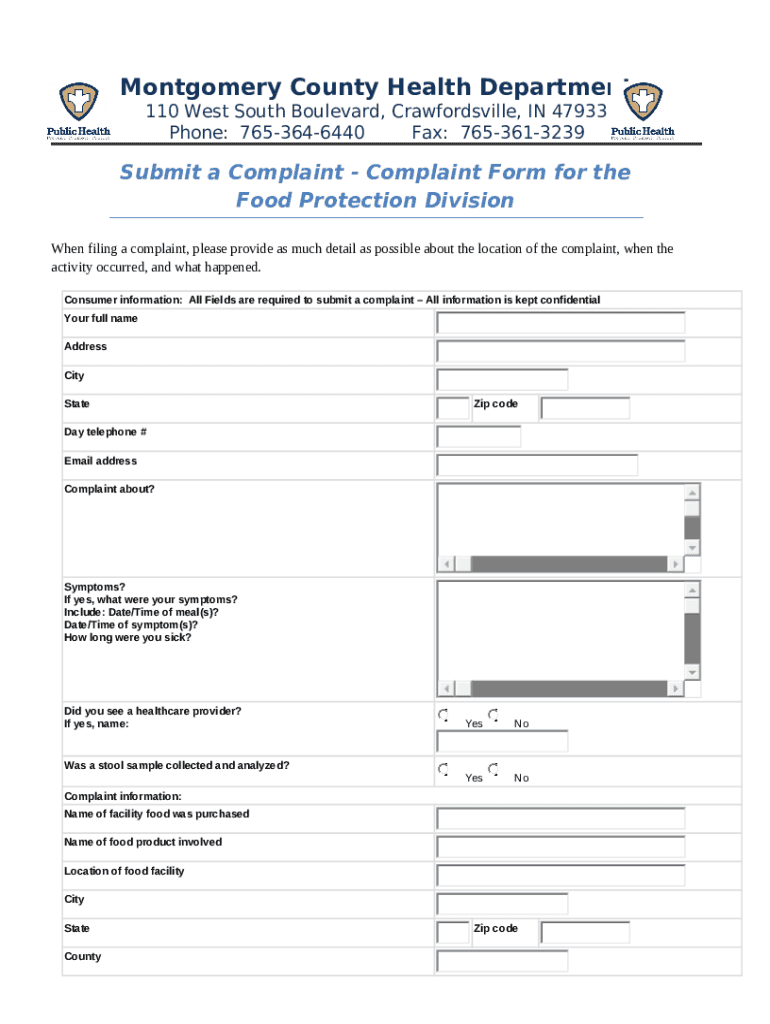 Food Complaint Form - Blank Fillable Template | Fill Out, Print ...
