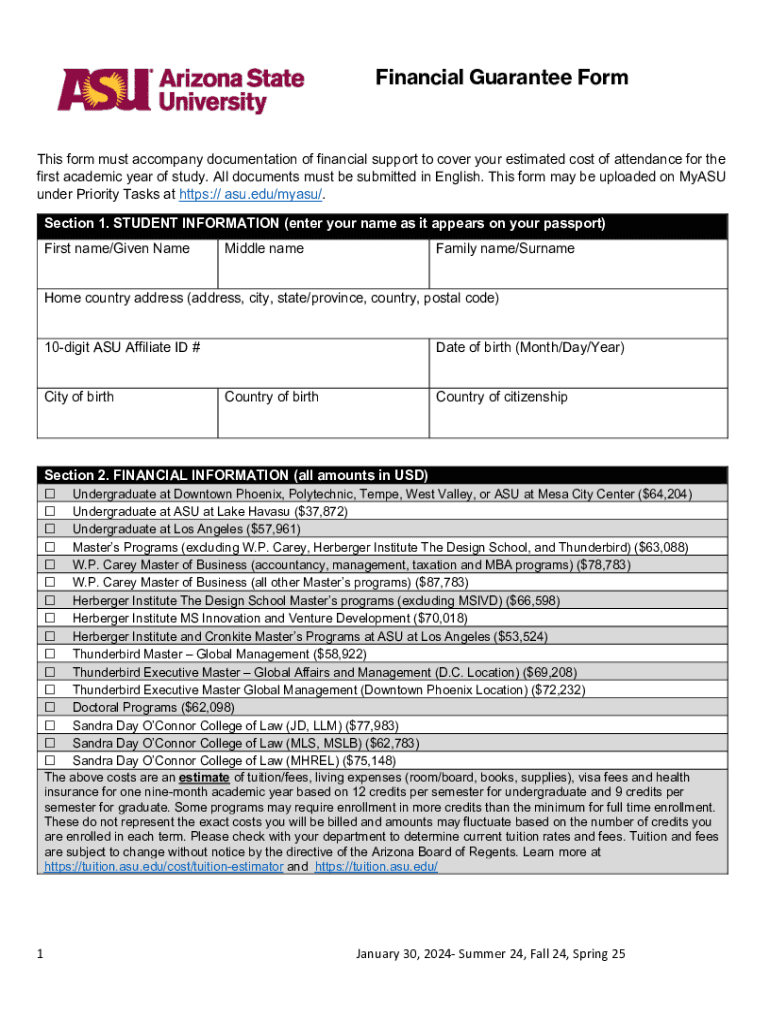 Fillable Online students asu Financial Guarantee Form Academic Year ...