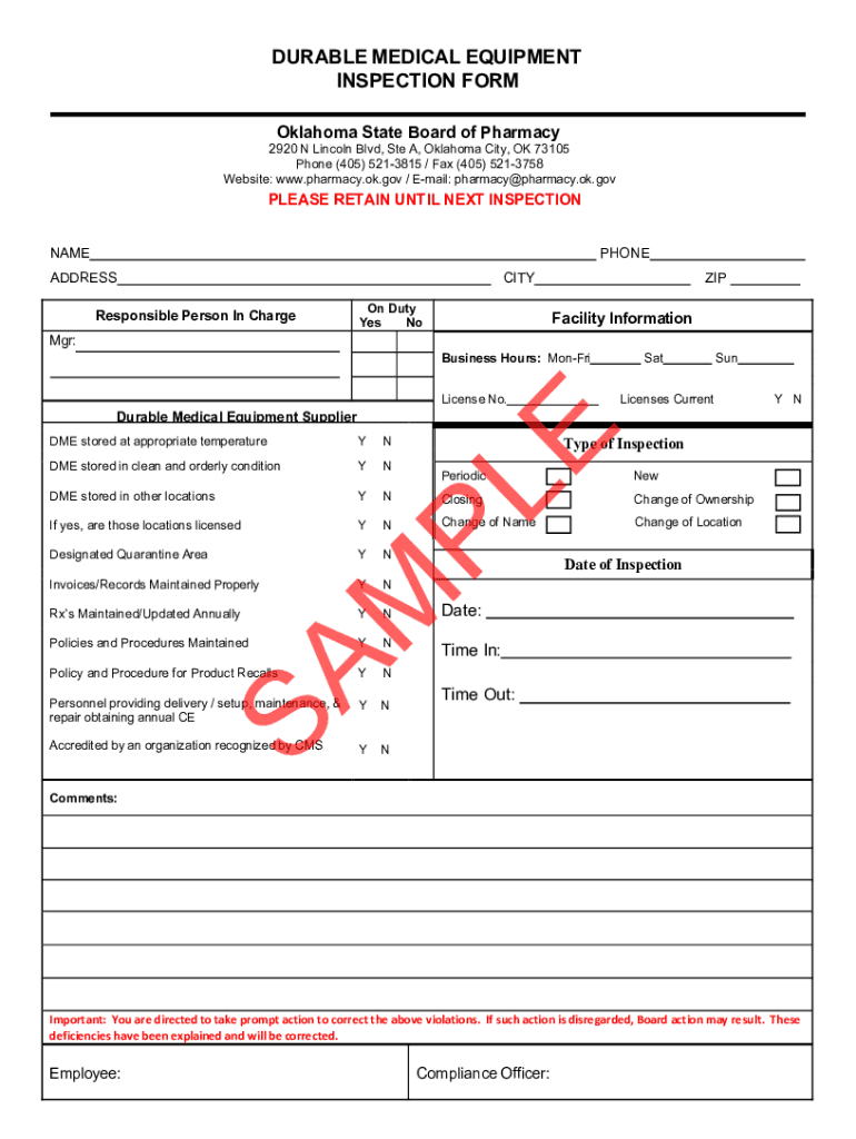 Fillable Online Sample Form Durable Medical Equipment Inspection Form. Oklahoma Board of ...