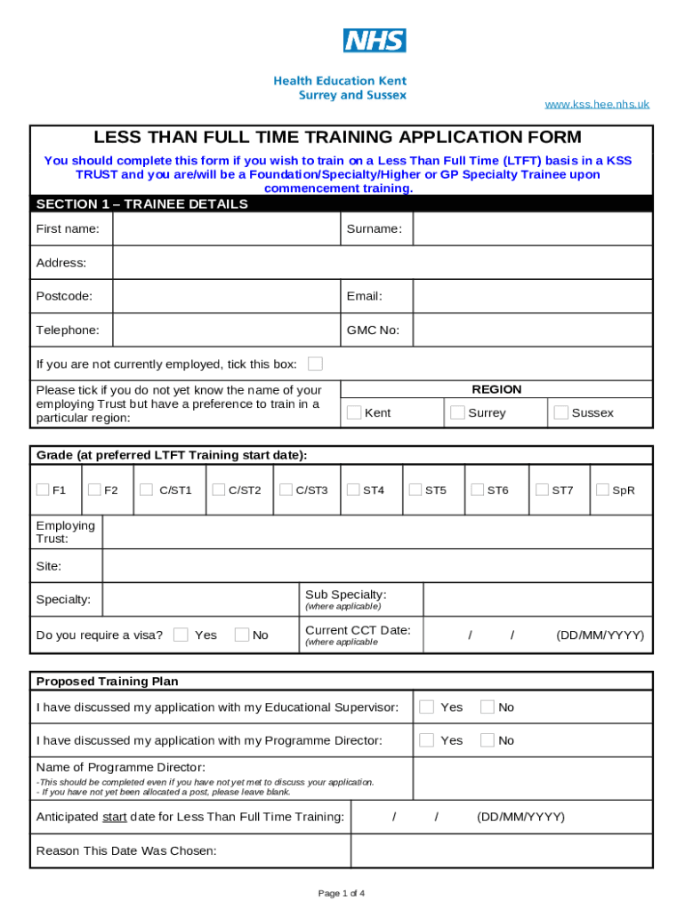 Less Than Full Time training - HEE KSS Doc Template | pdfFiller