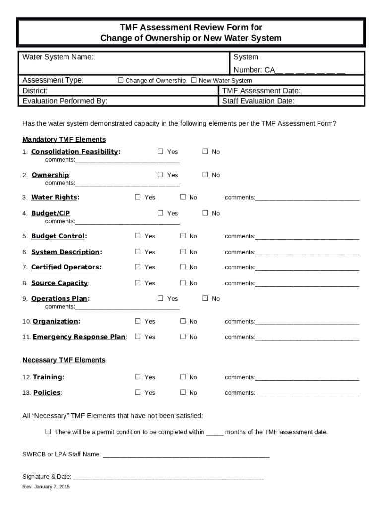 Staff TMF Capacity Evaluation for SDWSRF Community Water Systems Doc Template | pdfFiller