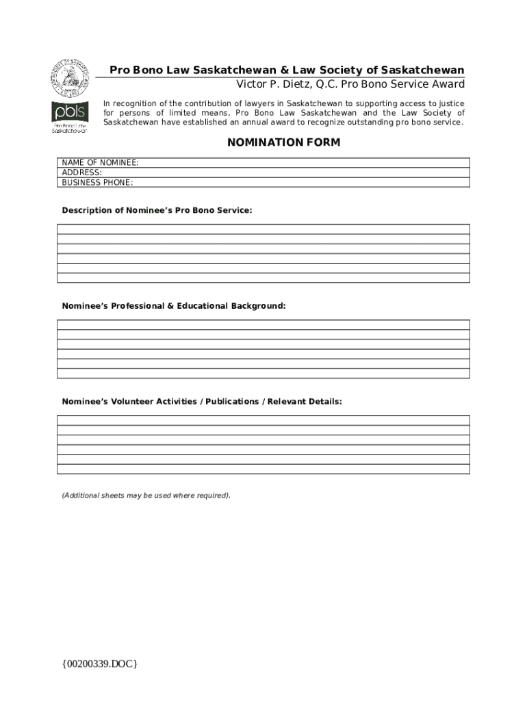 Victor P. Dietz Pro Bono Service Award Nomination ( ... Doc Template ...