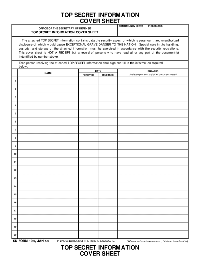 Fillable Online SD194 TOP SECRET INFORMATION COVER SHEET. This form has ...