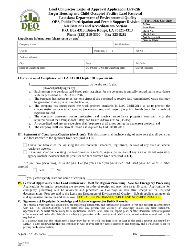 Application for Certification of Lead Contractors - deq louisiana Doc ...