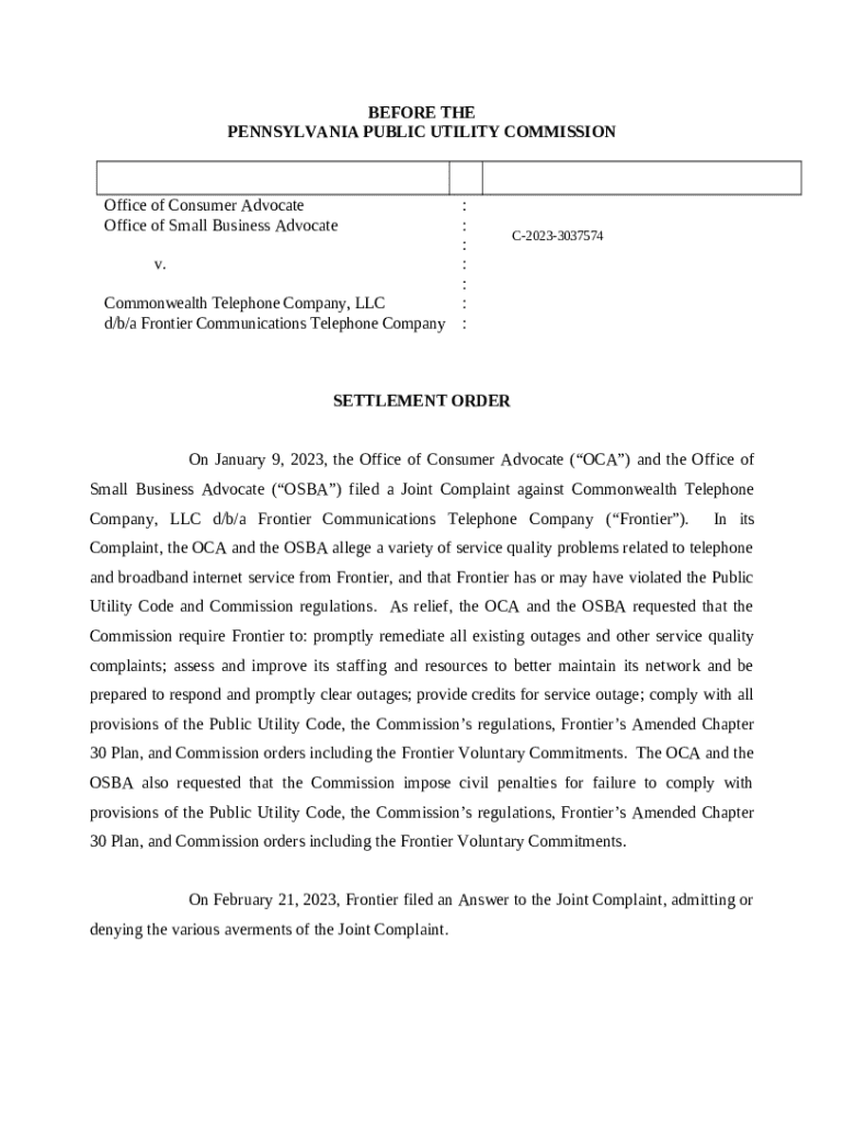 Commonwealth Telephone Company, LLC Doc Template | pdfFiller