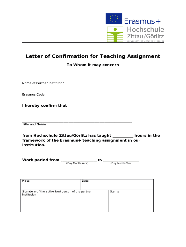 ERASMUS + Letter of confirmation for Teaching ... Doc Template | pdfFiller