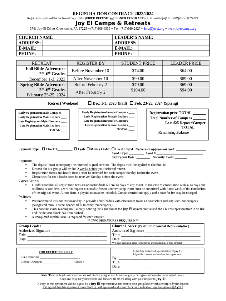 Registration spots will be confirmed only if REQUIRED DEPOSIT and SIGNED CONTRACT are returned ...