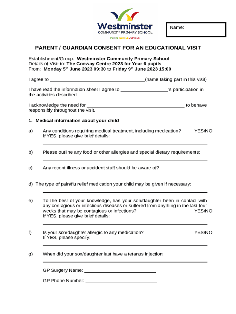 Model - Educational Visits - Parental Consent Doc Template | pdfFiller