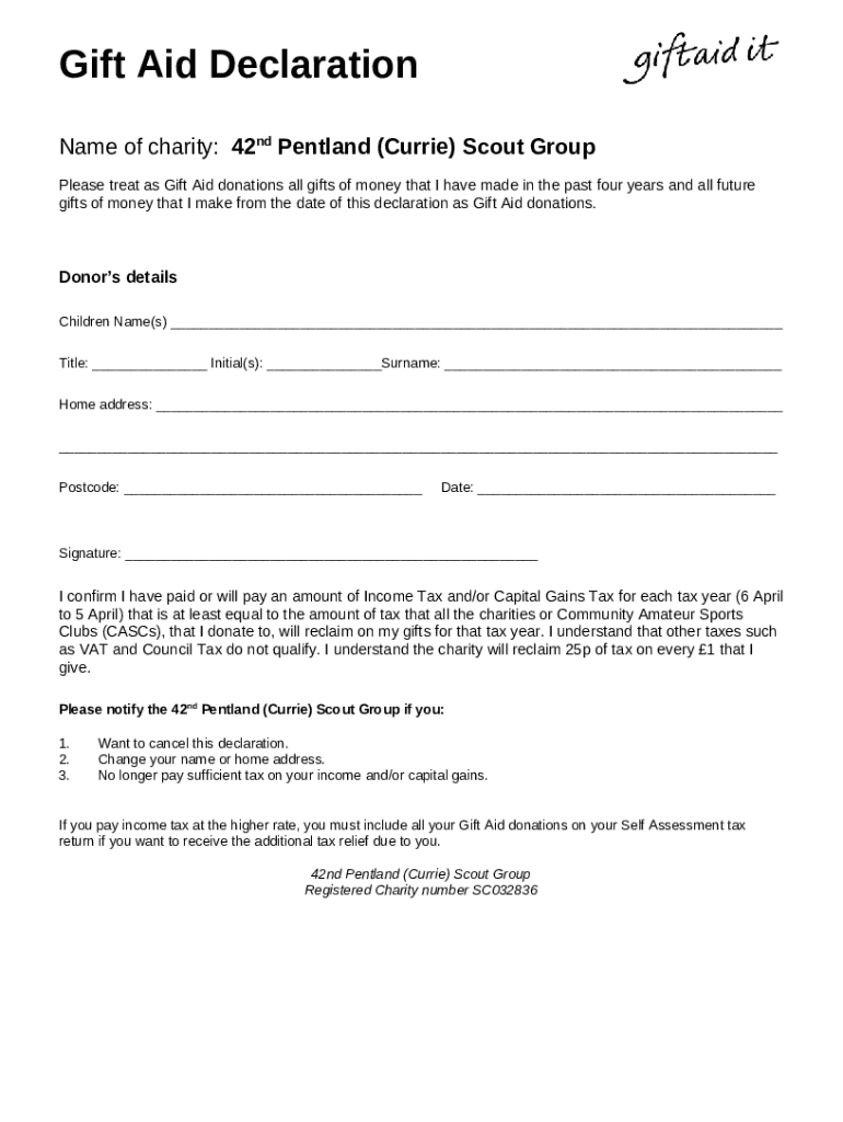 Charity Gift Aid Declaration - 1st Haywards Heath Doc Template | pdfFiller