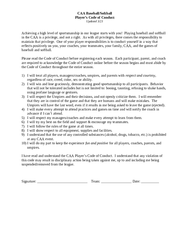 Code of Conduct - Palatine Community Baseball & Softball Doc Template ...