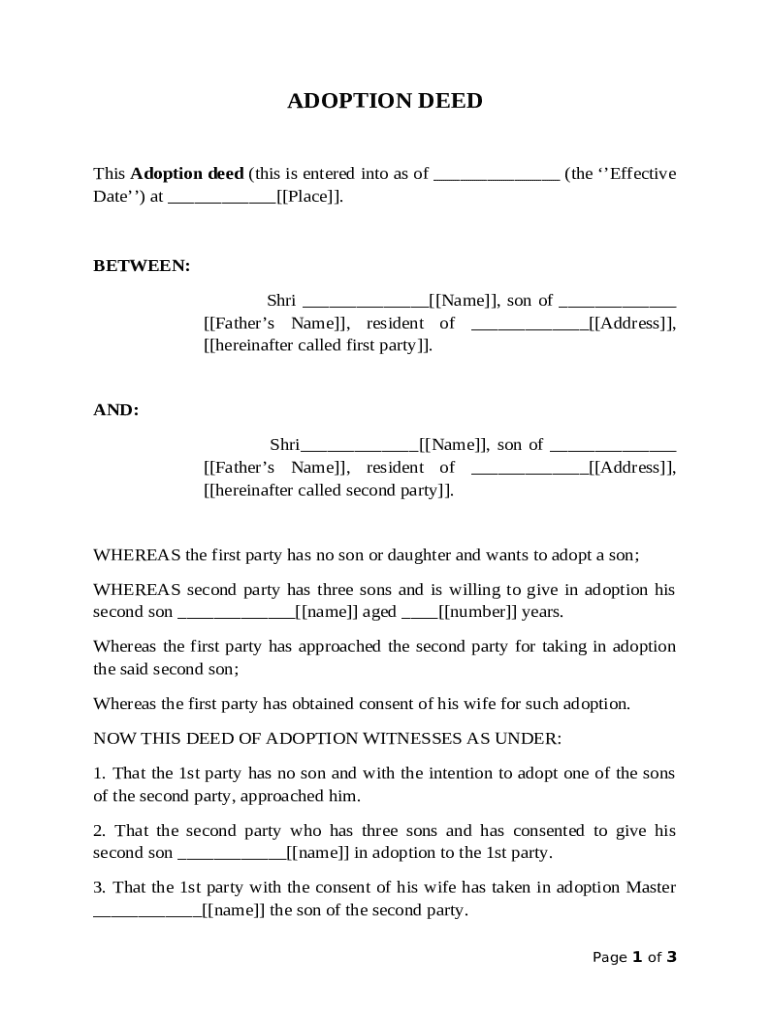 Adoption Deed in case of OrphanageAgreements Doc Template | pdfFiller
