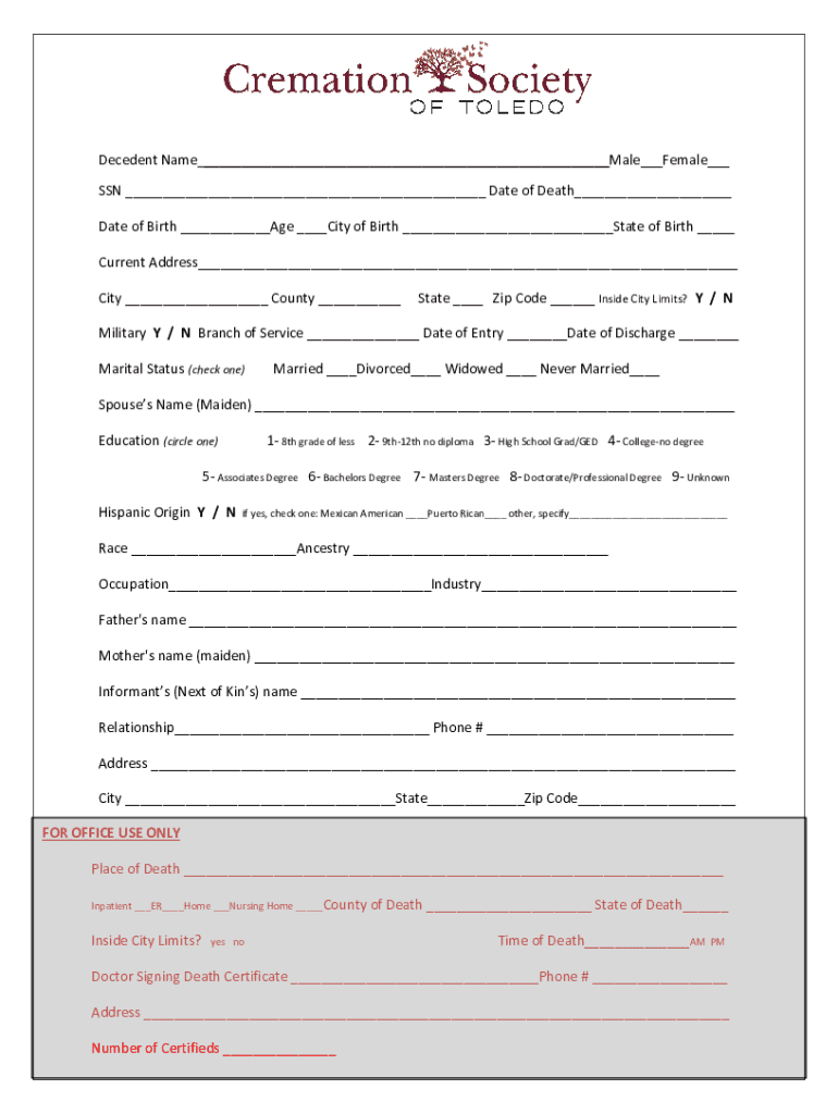 Fillable Online Death Certificate Worksheet for MD, VA and DC Fax Email ...