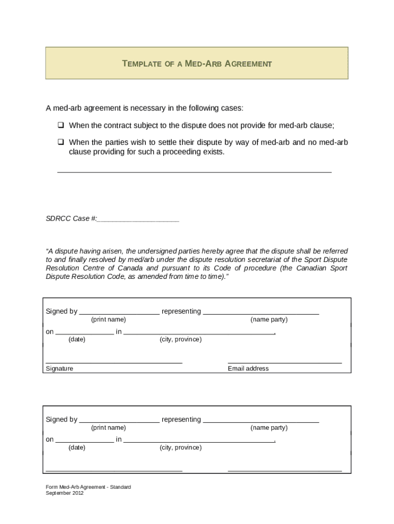 Template of a Med/Arb agreement Doc Template | pdfFiller