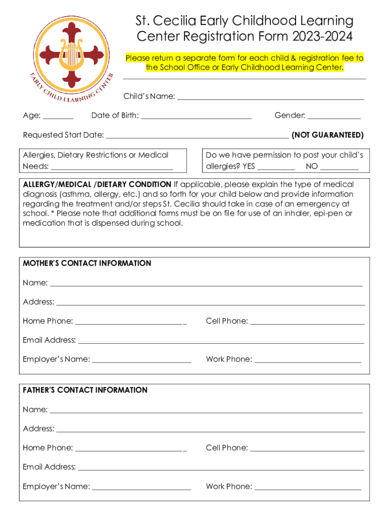 Fillable Online Early Childhood Learning Center - St. Cecilia Catholic ...