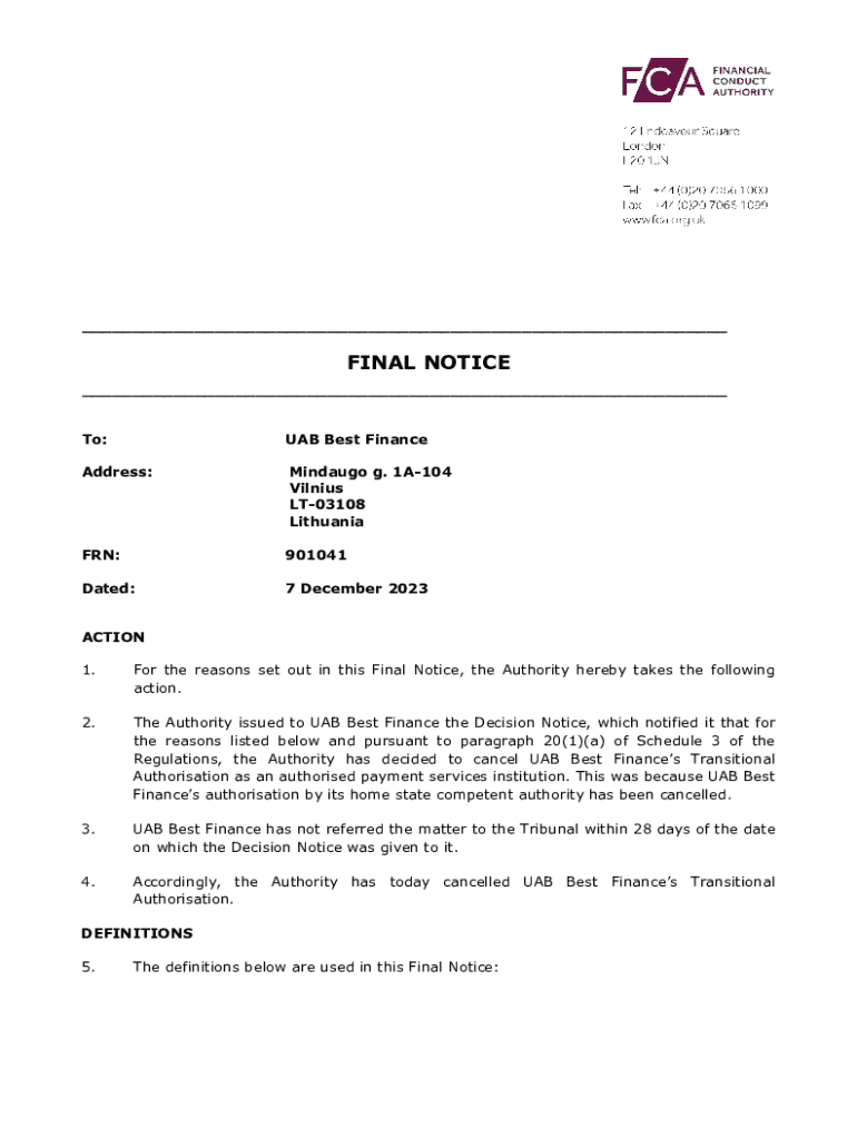 Fillable Online Final notice: Great Wall Financial Service Limited Fax ...