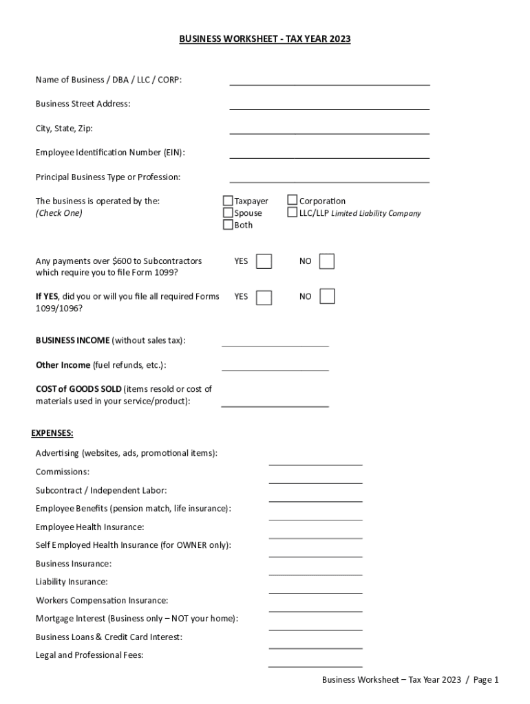 Fillable Online BUSINESS WORKSHEET - TAX YEAR 2023 Fax Email Print ...