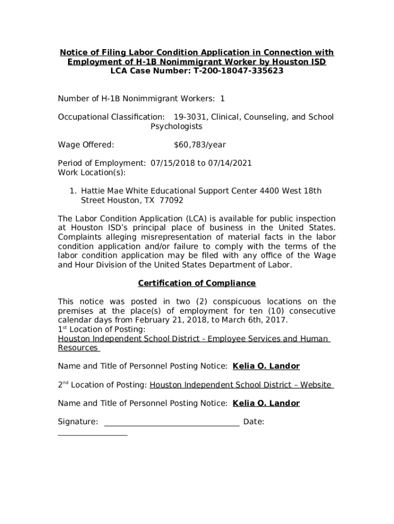 Notice of Filing Labor Condition Application in Connection ... Doc Template | pdfFiller
