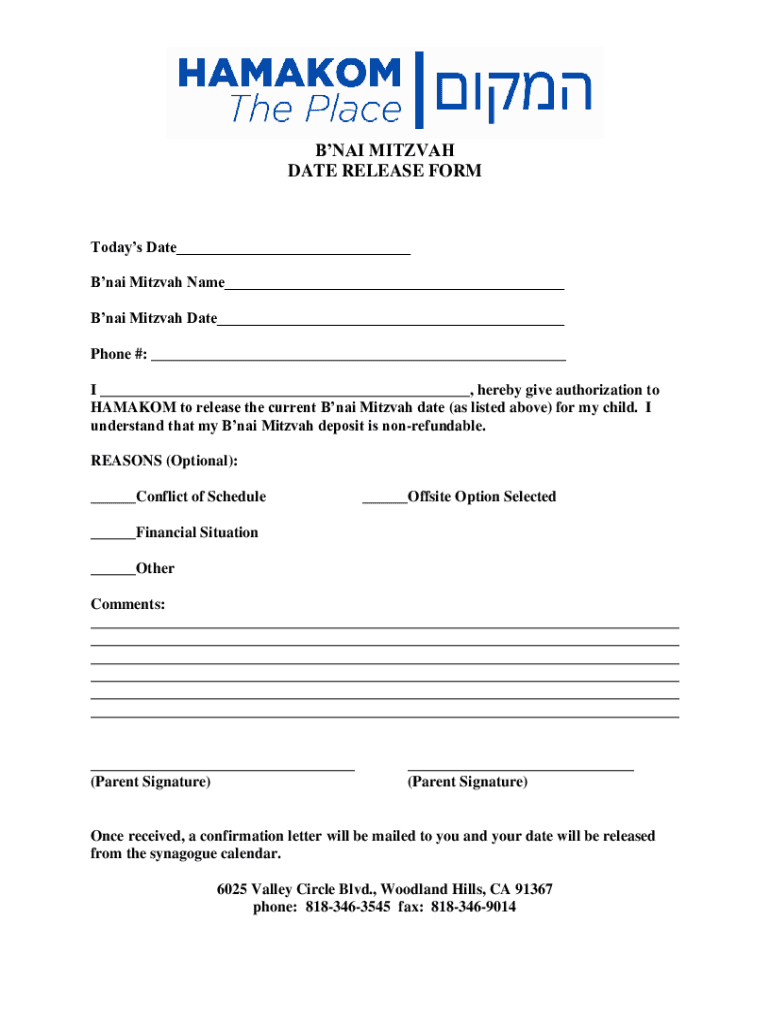 Fillable Online TEMPLE ALIYAH BNAI MITZVAH DATE RELEASE FORM Fax Email ...