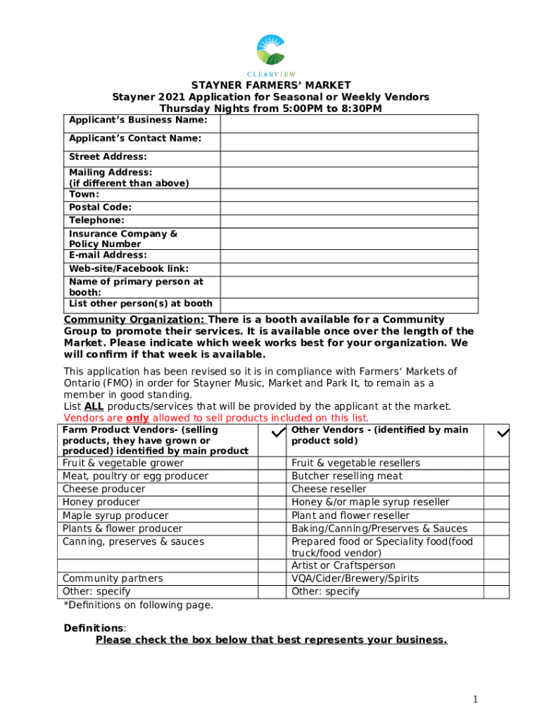 1 FARMERS' MARKET VENDOR APPLICATION & ... Doc Template | pdfFiller