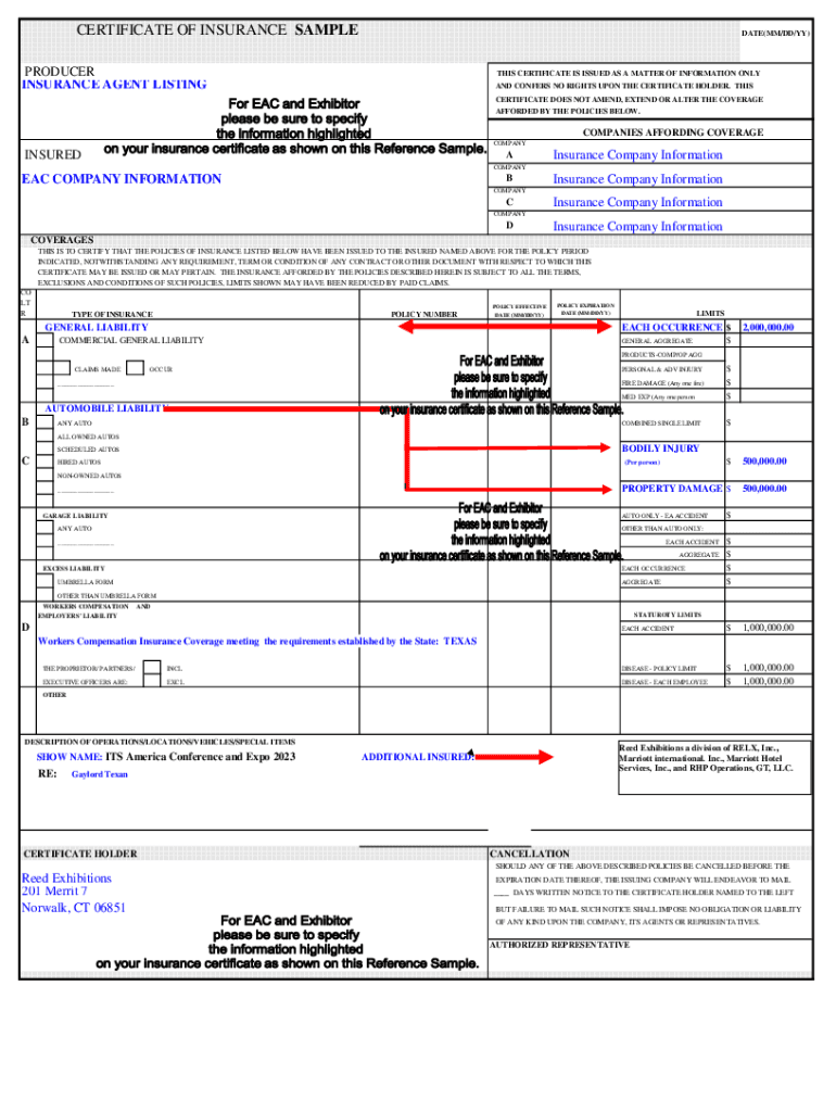 Fillable Online Certificate of Insurance Sample - Business Services Fax ...