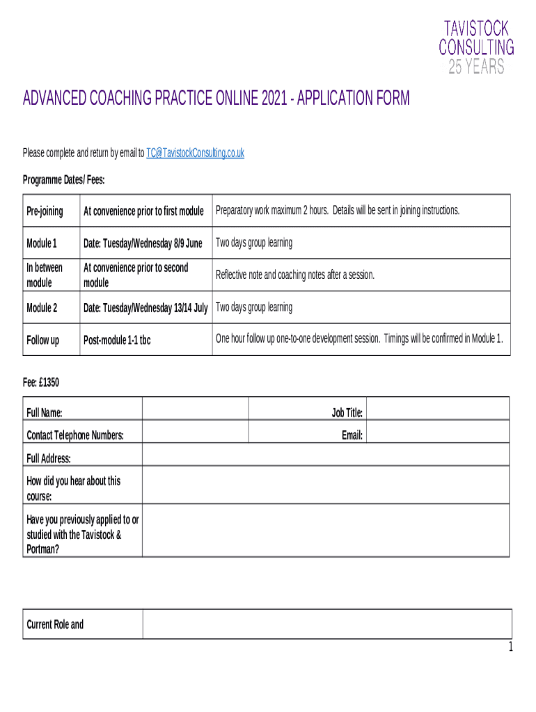 Advanced-Coaching-Practice-APPLICATION--June- ... - tavistockconsulting co Doc Template | pdfFiller