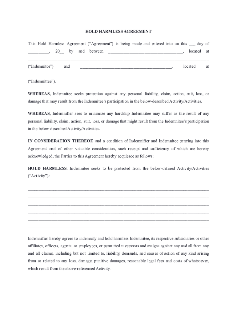 Fillable Online Free Hold Harmless Agreement Template PDF - ApproveMe Fax Email Print - pdfFiller