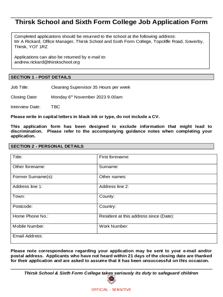Thirsk School and Sixth College Job Application Doc Template | pdfFiller