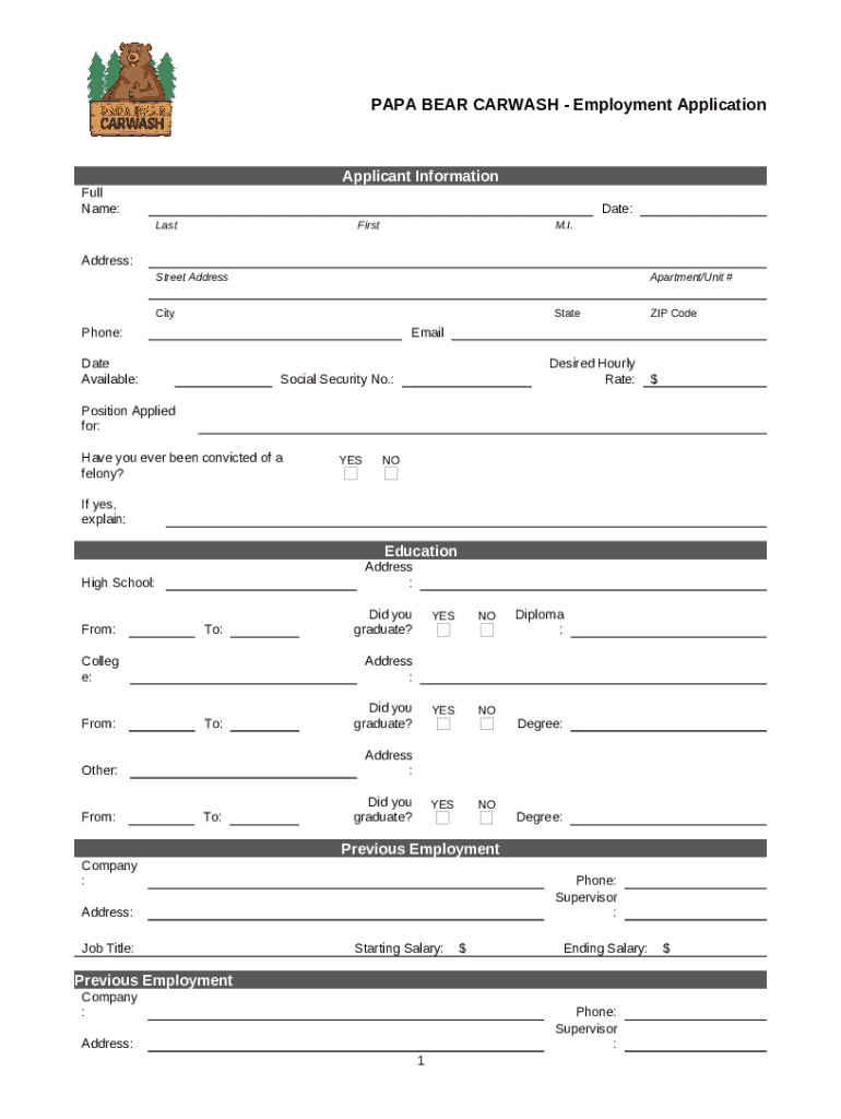 Employment - Papa Bear Car Wash - application Doc Template | pdfFiller