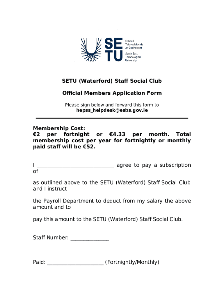 SETU-Waterford-Staff-Social-Club-Application-.doc Doc Template | pdfFiller