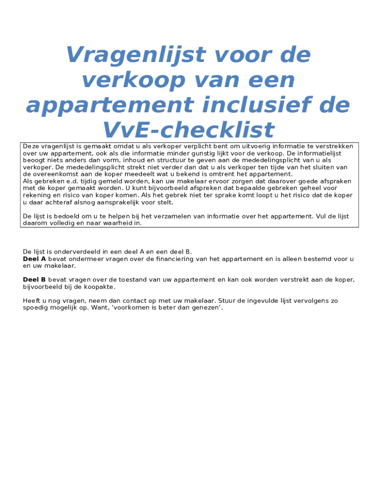 Vragenlijst voor de verkoop van een appartement inclusief ... Doc ...