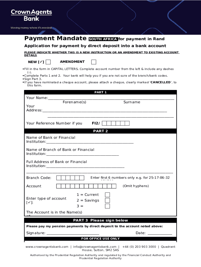 Payment Mandate SOUTH AFRICA for payment in Rand Doc Template | pdfFiller