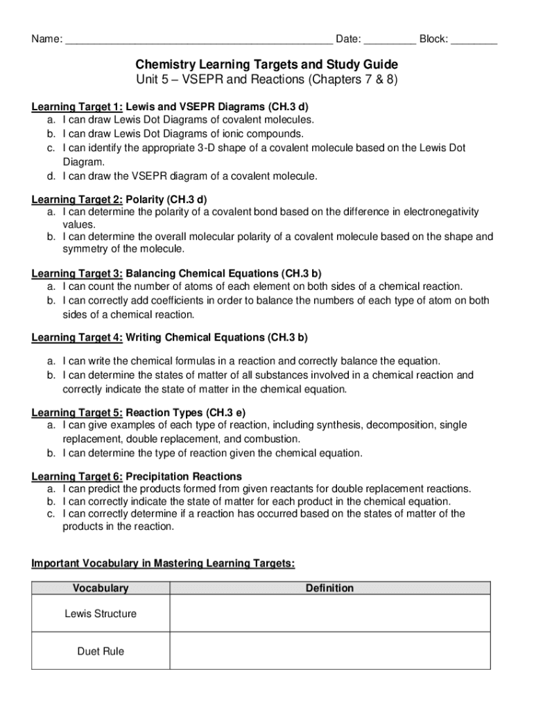 Fillable Online Chemistry Learning Targets and Study Guide Unit 5 Fax ...