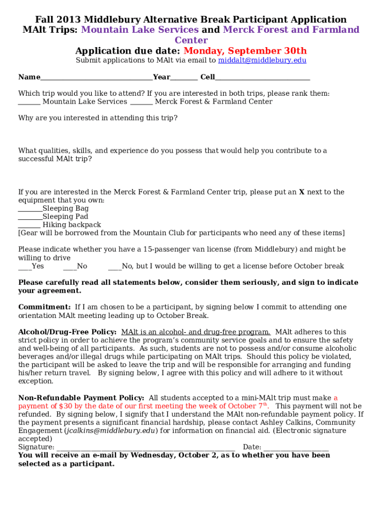 Apply for the October Middlebury Alternative Break Trips! Doc Template ...