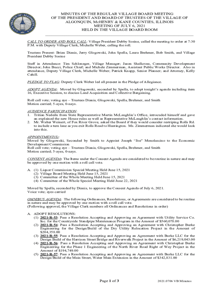 Fillable Online with Deputy Village Clerk, Michelle Weber, calling the ...