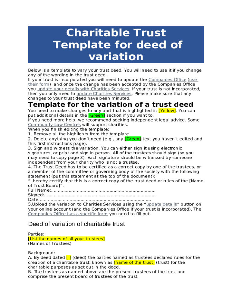 Charitable Trust Template for deed of variation Doc Template | pdfFiller