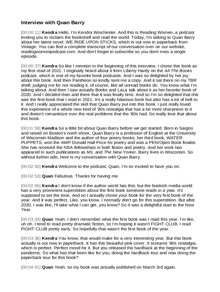 Interview with Quan Barry Doc Template | pdfFiller