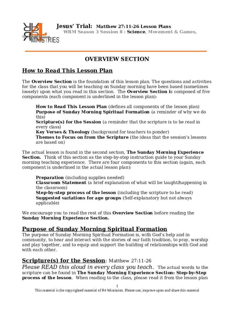 SUNDAY SCHOOL LESSON PLAN TEMPLATE Doc Template | pdfFiller